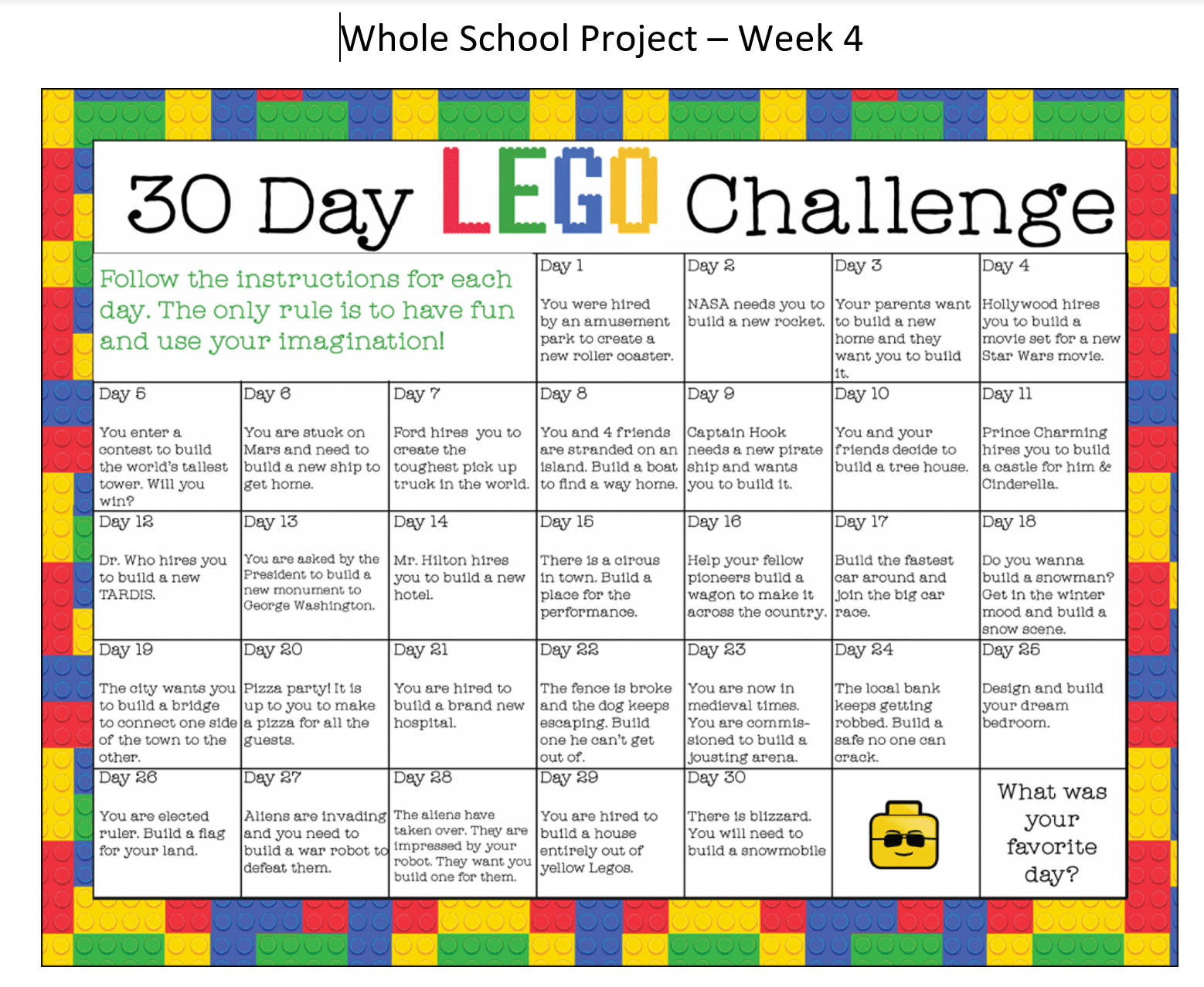 Whole School Project Week 4 - Lego! - Welcome to Inchmarlo